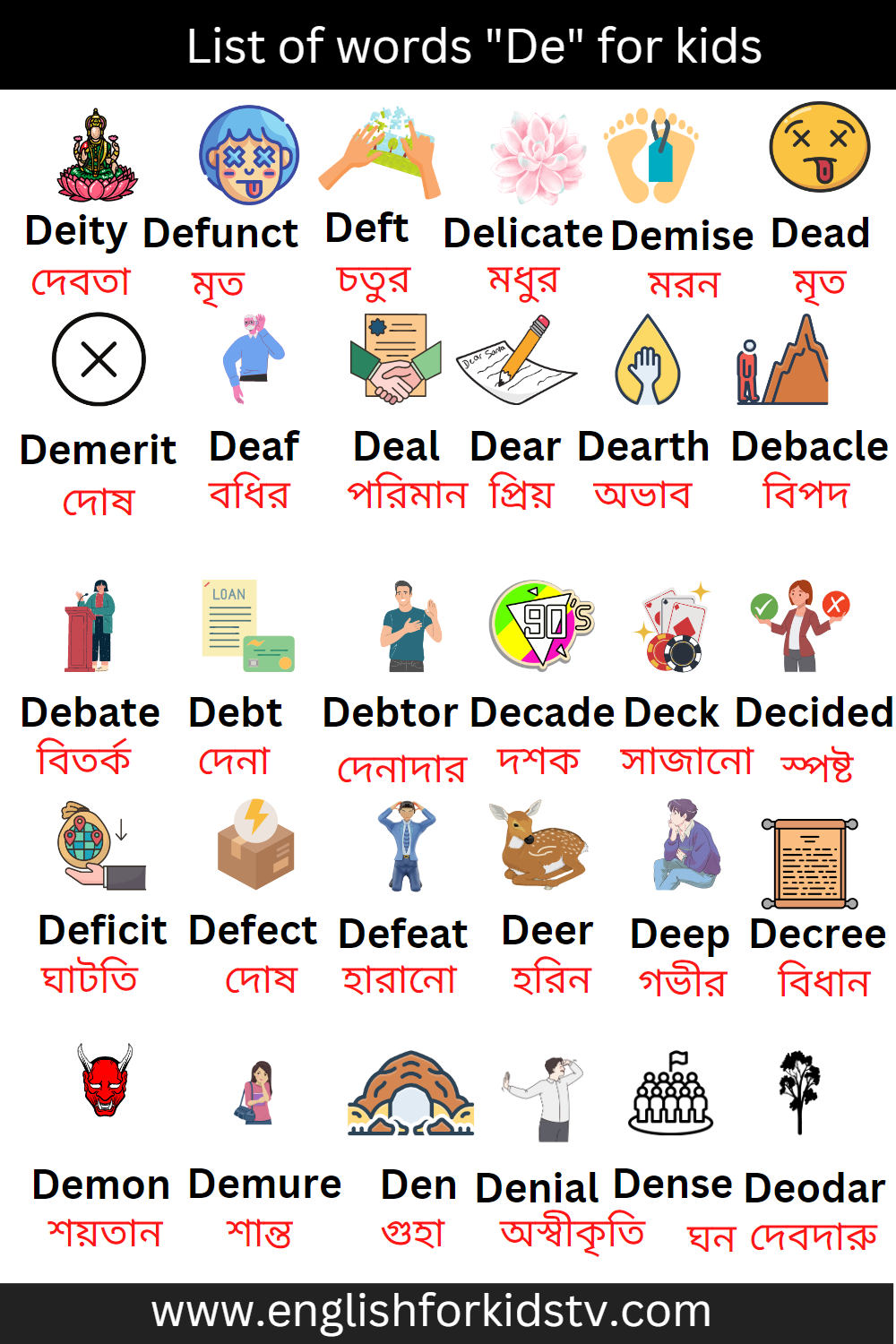 List of words "De" for kids - English For Kids